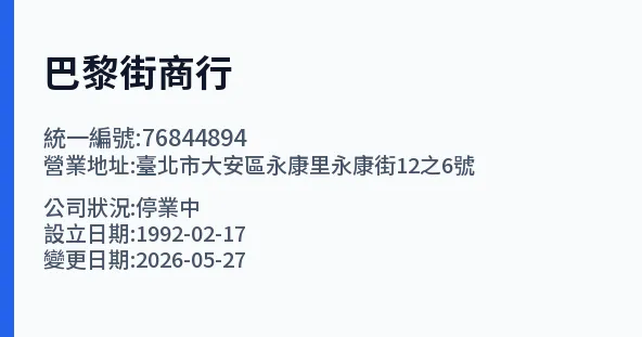 巴黎街商行的照片-統編 76844894(臺北市) 公司登記資料與營業項目詳細圖表