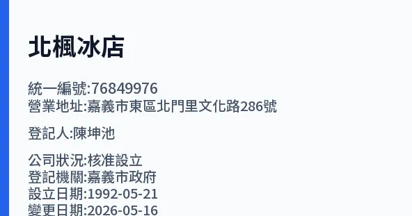 北楓冰店的照片-統編 76849976(嘉義市) 公司登記資料與營業項目詳細圖表