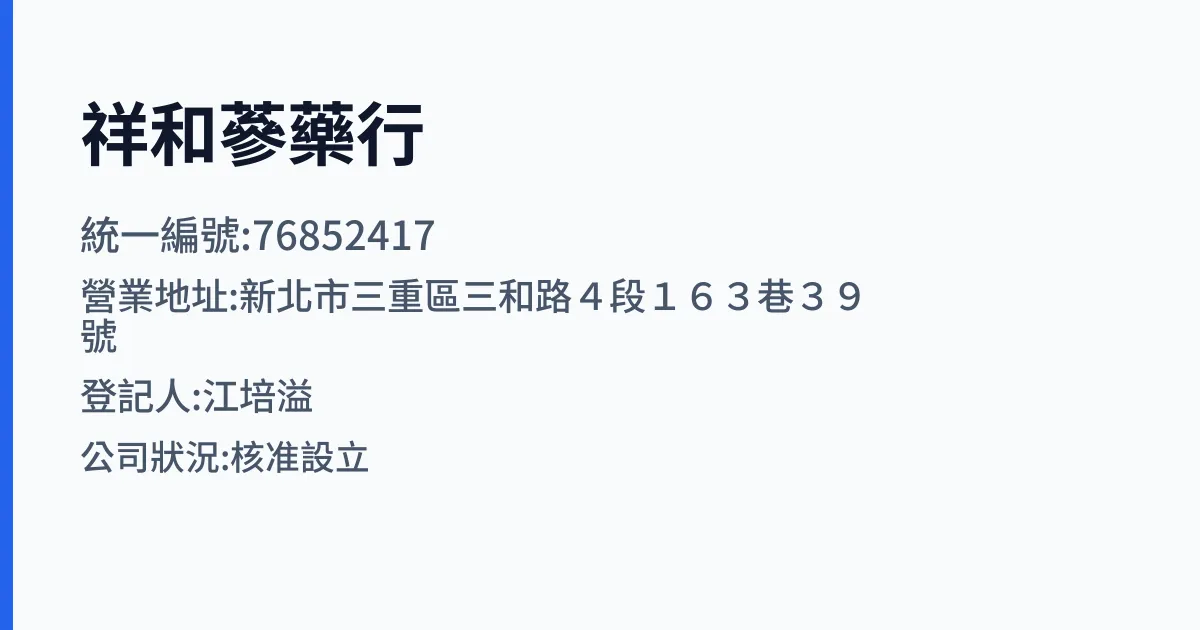 祥和蔘藥行 - 統編 76852417(新北市) 公司登記資料與營業項目詳細圖表