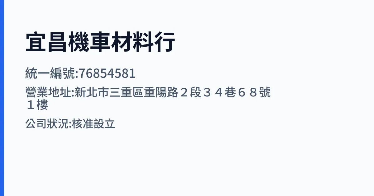 宜昌機車材料行 - 統編 76854581(新北市) 公司登記資料與營業項目詳細圖表