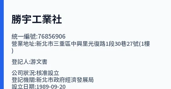 勝宇工業社的照片-統編 76856906(新北市) 公司登記資料與營業項目詳細圖表