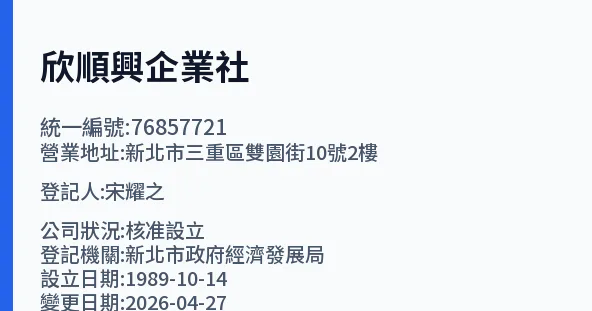 欣順興企業社的照片-統編 76857721(新北市) 公司登記資料與營業項目詳細圖表
