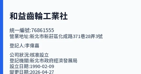 和益齒輪工業社的照片-統編 76861555(新北市) 公司登記資料與營業項目詳細圖表