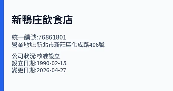 新鴨庄飲食店的照片-統編 76861801(新北市) 公司登記資料與營業項目詳細圖表