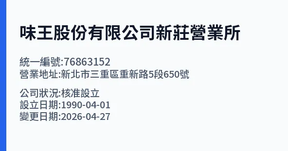 味王股份有限公司新莊營業所的照片-統編 76863152(新北市) 公司登記資料與營業項目詳細圖表