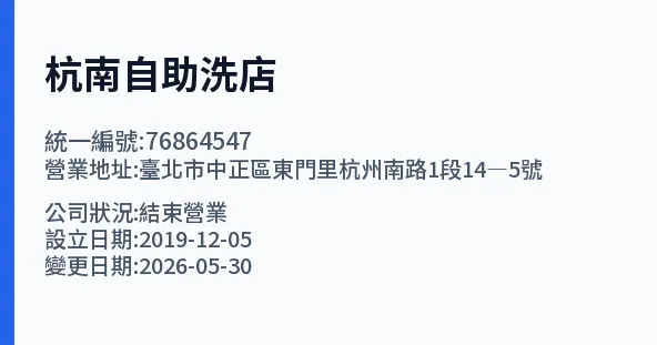 杭南自助洗店的照片-統編 76864547(臺北市) 公司登記資料與營業項目詳細圖表