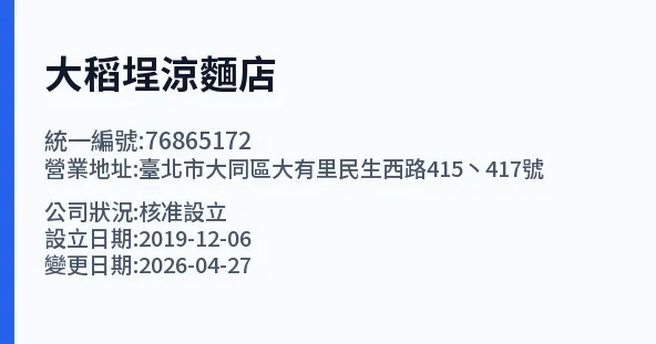 大稻埕涼麵店的照片-統編 76865172(臺北市) 公司登記資料與營業項目詳細圖表