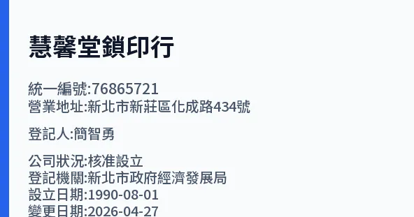 慧馨堂鎖印行的照片-統編 76865721(新北市) 公司登記資料與營業項目詳細圖表