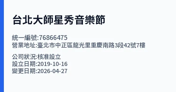 台北大師星秀音樂節的照片-統編 76866475(臺北市) 公司登記資料與營業項目詳細圖表