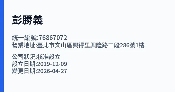 彭勝義的照片-統編 76867072(臺北市) 公司登記資料與營業項目詳細圖表