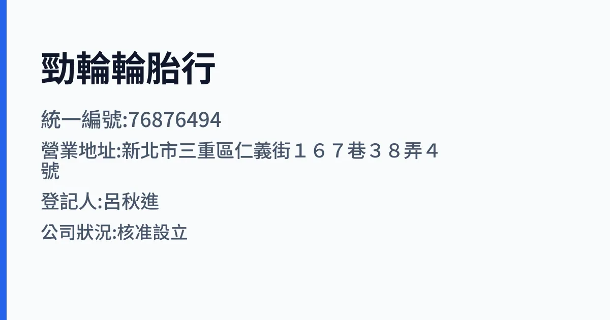 勁輪輪胎行 - 統編 76876494(新北市) 公司登記資料與營業項目詳細圖表