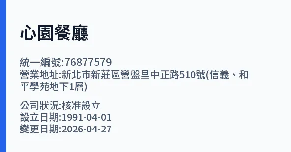 心園餐廳的照片-統編 76877579(新北市) 公司登記資料與營業項目詳細圖表