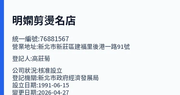 明嫻剪燙名店的照片-統編 76881567(新北市) 公司登記資料與營業項目詳細圖表