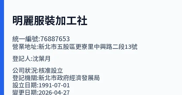 明麗服裝加工社的照片-統編 76887653(新北市) 公司登記資料與營業項目詳細圖表