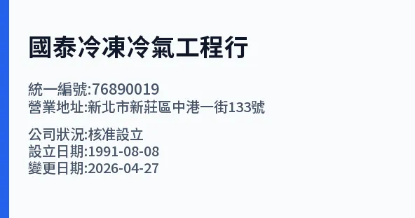 國泰冷凍冷氣工程行的照片-統編 76890019(新北市) 公司登記資料與營業項目詳細圖表