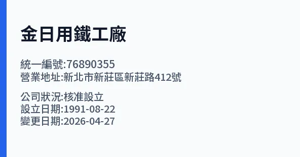 金日用鐵工廠的照片-統編 76890355(新北市) 公司登記資料與營業項目詳細圖表