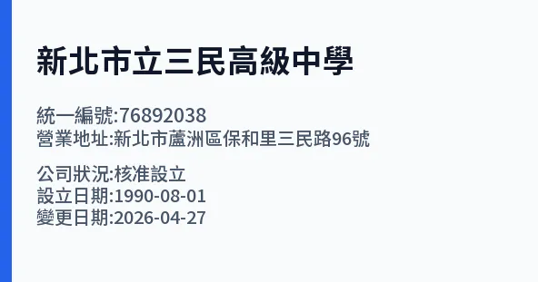新北市立三民高級中學的照片-統編 76892038(新北市) 公司登記資料與營業項目詳細圖表