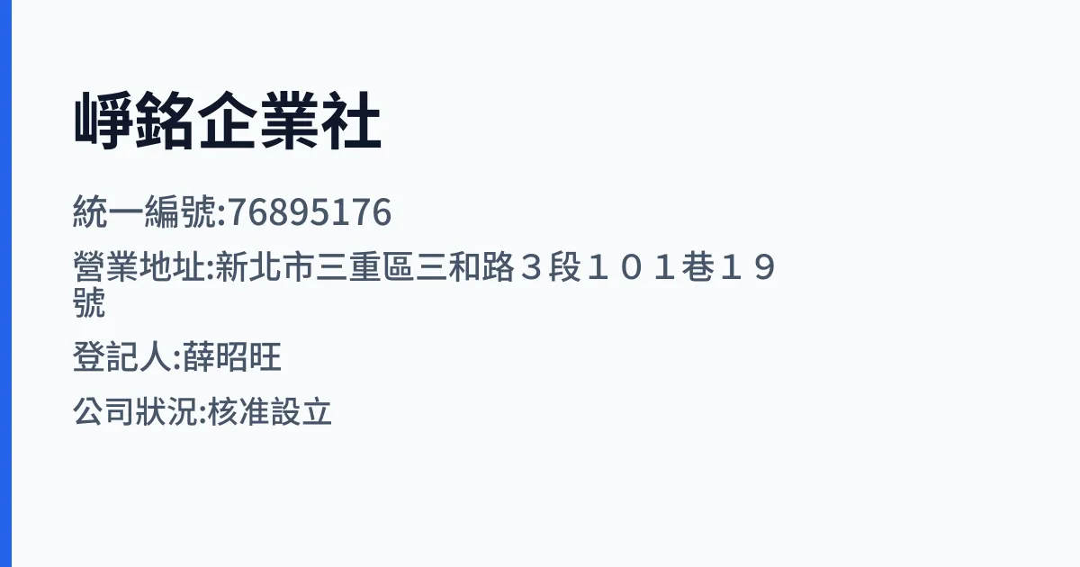 崢銘企業社 - 統編 76895176(新北市) 公司登記資料與營業項目詳細圖表