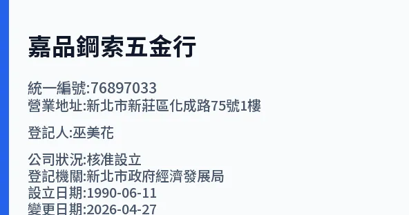 嘉品鋼索五金行的照片-統編 76897033(新北市) 公司登記資料與營業項目詳細圖表