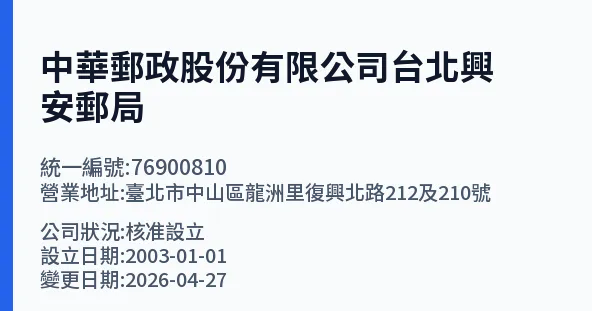中華郵政股份有限公司台北興安郵局的照片-統編 76900810(臺北市) 公司登記資料與營業項目詳細圖表