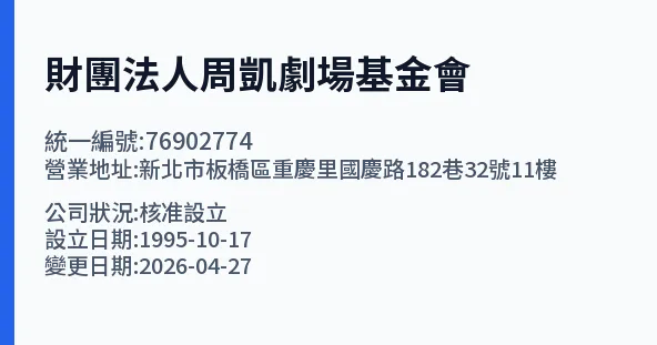 財團法人周凱劇場基金會的照片-統編 76902774(新北市) 公司登記資料與營業項目詳細圖表