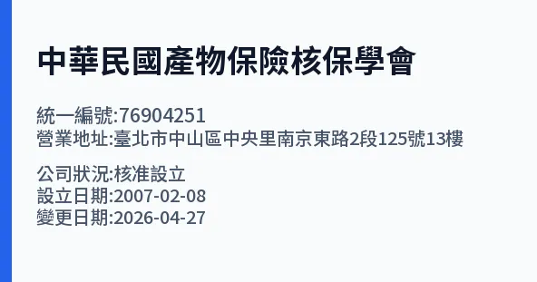 中華民國產物保險核保學會的照片-統編 76904251(臺北市) 公司登記資料與營業項目詳細圖表