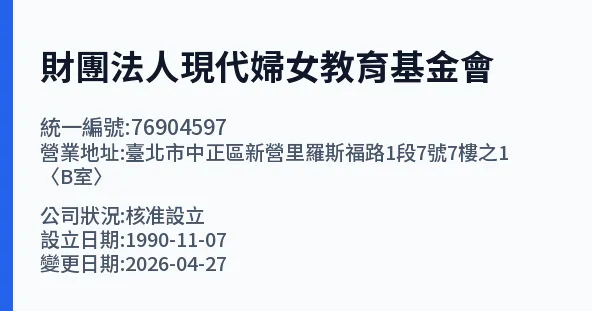 財團法人現代婦女教育基金會的照片-統編 76904597(臺北市) 公司登記資料與營業項目詳細圖表