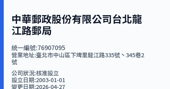 中華郵政股份有限公司台北龍江路郵局的照片-統編 76907095(臺北市) 公司登記資料與營業項目詳細圖表