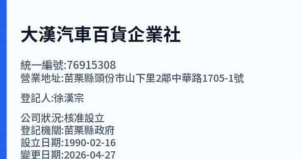 大漢汽車百貨企業社的照片-統編 76915308(苗栗縣) 公司登記資料與營業項目詳細圖表