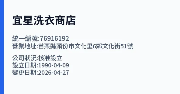 宜星洗衣商店的照片-統編 76916192(苗栗縣) 公司登記資料與營業項目詳細圖表