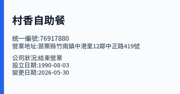 村香自助餐的照片-統編 76917880(苗栗縣) 公司登記資料與營業項目詳細圖表