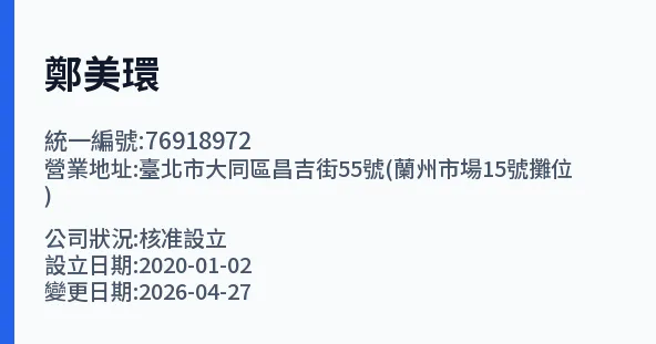 鄭美環的照片-統編 76918972(臺北市) 公司登記資料與營業項目詳細圖表