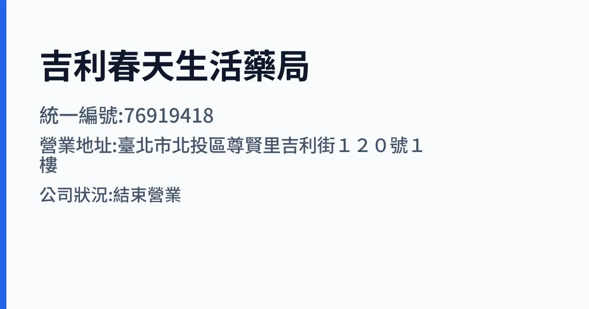 吉利春天生活藥局 - 統編 76919418(臺北市) 公司登記資料與營業項目詳細圖表