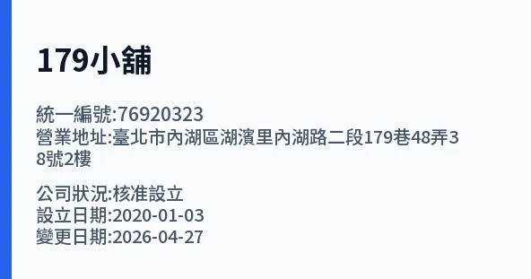 179小舖的照片-統編 76920323(臺北市) 公司登記資料與營業項目詳細圖表