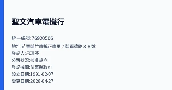 聖文汽車電機行的照片-統編 76920506(苗栗縣) 公司登記資料與營業項目詳細圖表