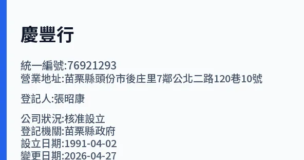 慶豐行的照片-統編 76921293(苗栗縣) 公司登記資料與營業項目詳細圖表