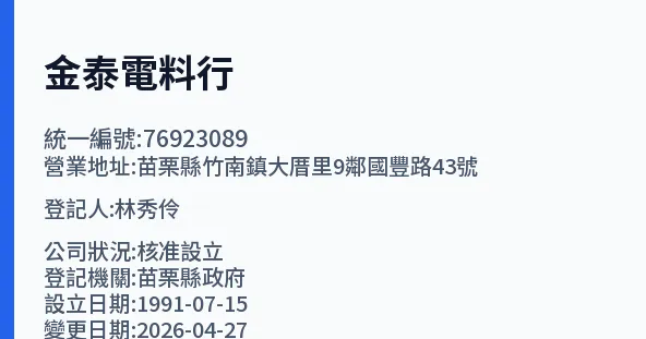 金泰電料行的照片-統編 76923089(苗栗縣) 公司登記資料與營業項目詳細圖表