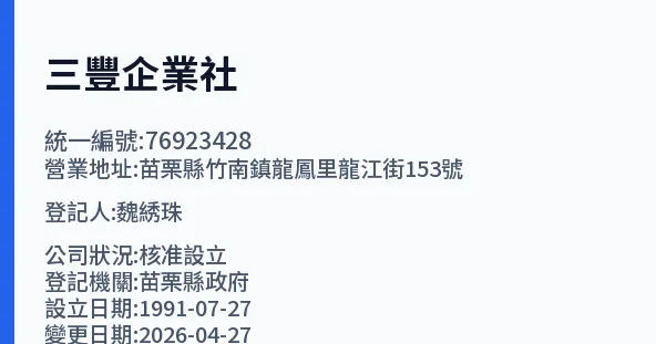 三豐企業社的照片-統編 76923428(苗栗縣) 公司登記資料與營業項目詳細圖表