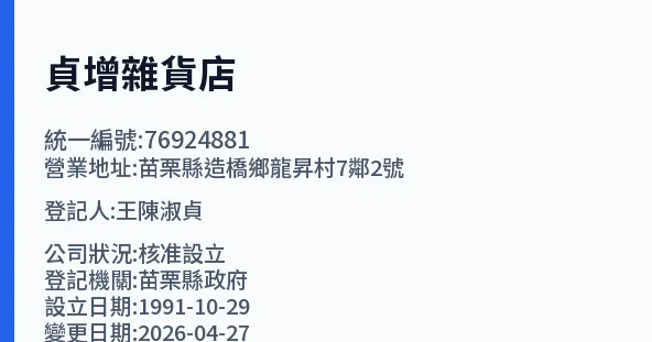 貞增雜貨店的照片-統編 76924881(苗栗縣) 公司登記資料與營業項目詳細圖表