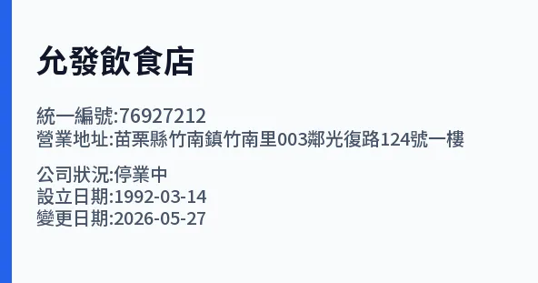 允發飲食店的照片-統編 76927212(苗栗縣) 公司登記資料與營業項目詳細圖表