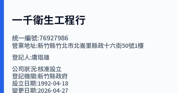 一千衛生工程行的照片-統編 76927986(新竹縣) 公司登記資料與營業項目詳細圖表