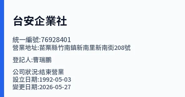 台安企業社的照片-統編 76928401(苗栗縣) 公司登記資料與營業項目詳細圖表