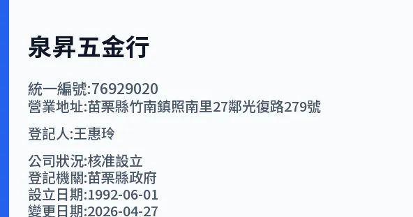 泉昇五金行的照片-統編 76929020(苗栗縣) 公司登記資料與營業項目詳細圖表