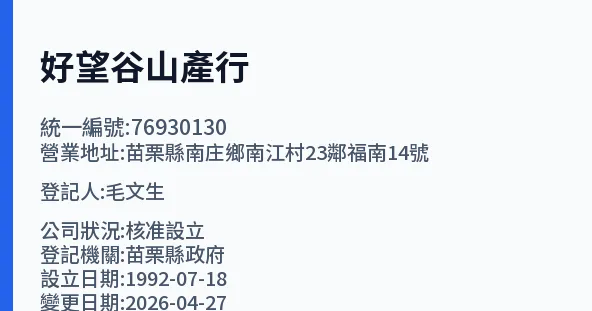 好望谷山產行的照片-統編 76930130(苗栗縣) 公司登記資料與營業項目詳細圖表