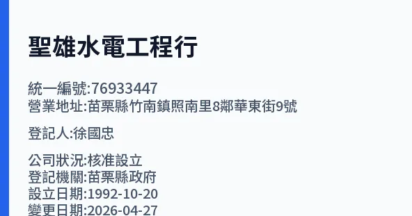 聖雄水電工程行的照片-統編 76933447(苗栗縣) 公司登記資料與營業項目詳細圖表