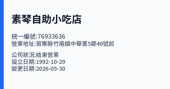 素琴自助小吃店的照片-統編 76933636(苗栗縣) 公司登記資料與營業項目詳細圖表