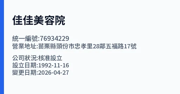 佳佳美容院的照片-統編 76934229(苗栗縣) 公司登記資料與營業項目詳細圖表