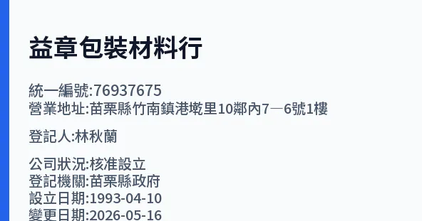 益章包裝材料行的照片-統編 76937675(苗栗縣) 公司登記資料與營業項目詳細圖表