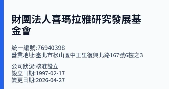 財團法人喜瑪拉雅研究發展基金會的照片-統編 76940398(臺北市) 公司登記資料與營業項目詳細圖表