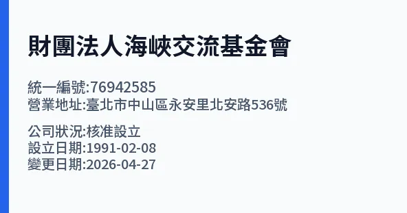 財團法人海峽交流基金會的照片-統編 76942585(臺北市) 公司登記資料與營業項目詳細圖表